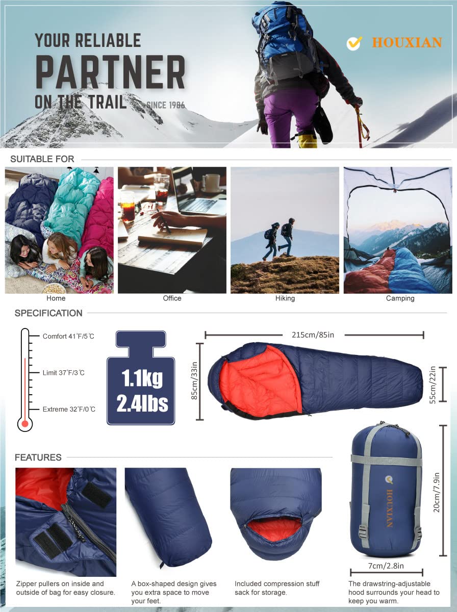 HOUXIAN Sleeping Bag - Camping, Hiking, Backpacking Sleeping Bag - Single Person Compact Lightweight Sleeping Bag for Adults with Compression Sack - Warm and Cold Weather Sleep Bag, blue (10323-HOU)