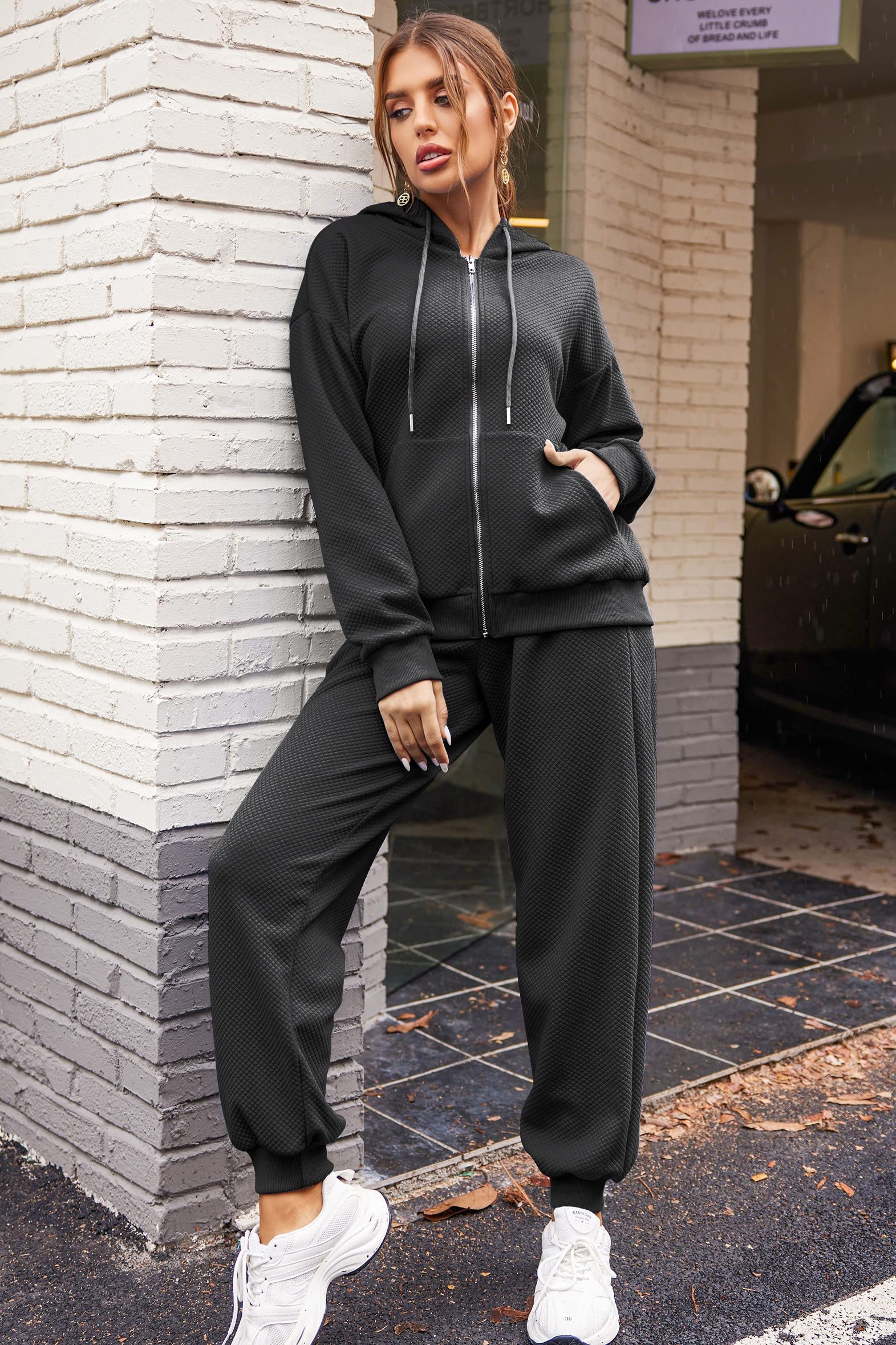HOTOUCH Hoodie Sweatsuits for Women Set Tracksuit Set with Pockets Zip-up Jogging Lounge Set,Dark Gray L