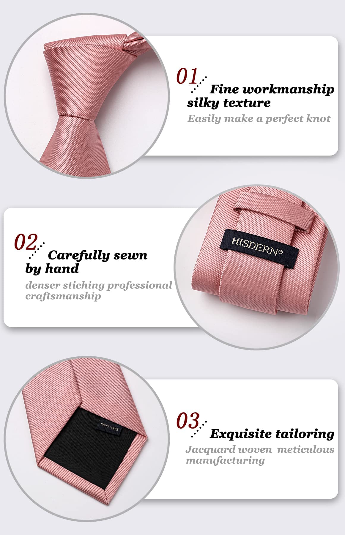 HISDERN Mens Blush Pink Ties for Men Business Wedding Rose Gold Woven Silk Ties and Pocket Square with Neckties Clip Set Formal Solid Stain Tie