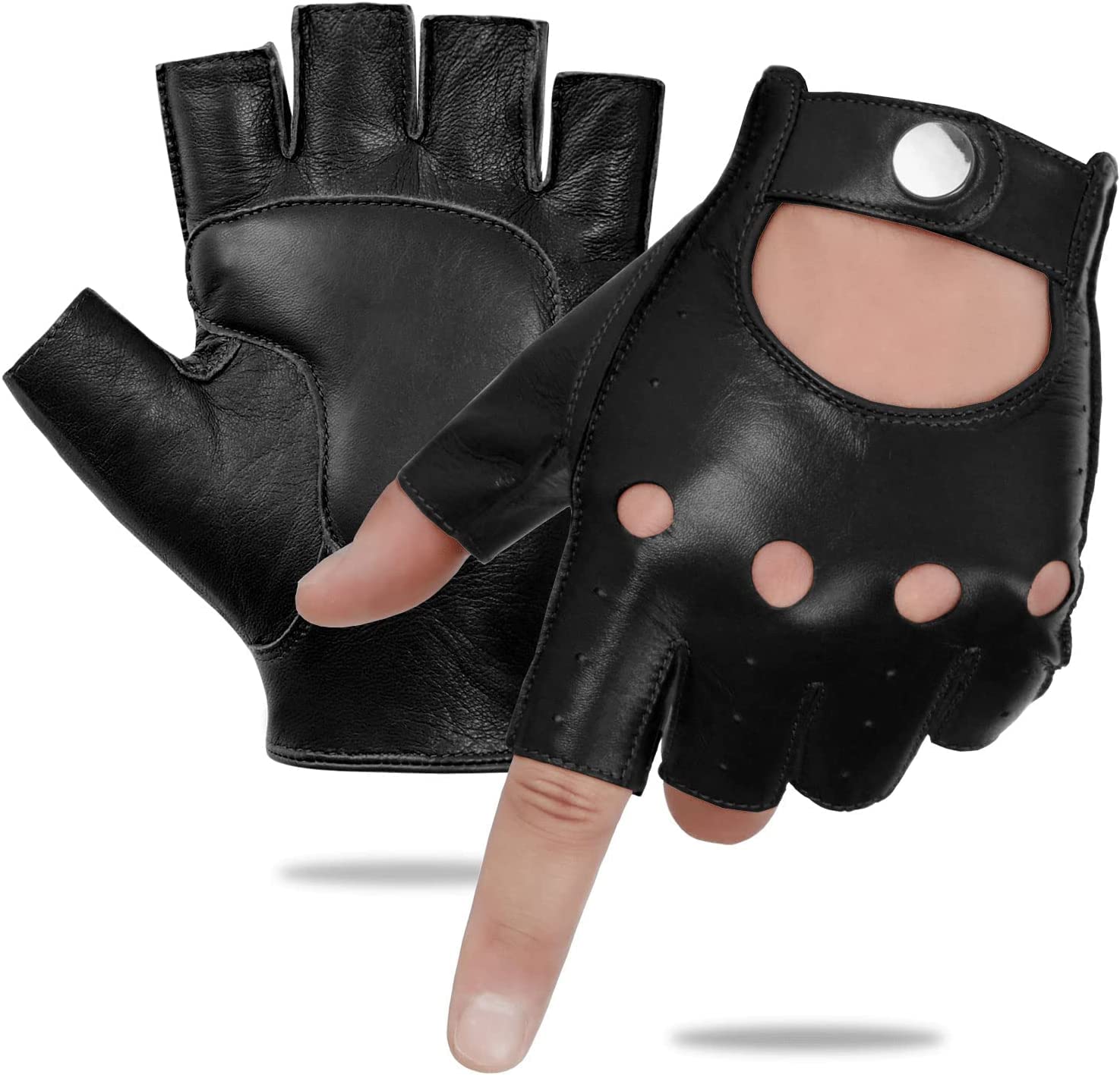 GSG Mens Fingerless Leather Gloves Driving Cycling Motorcycle Half Gloves Unlined X-Large Black