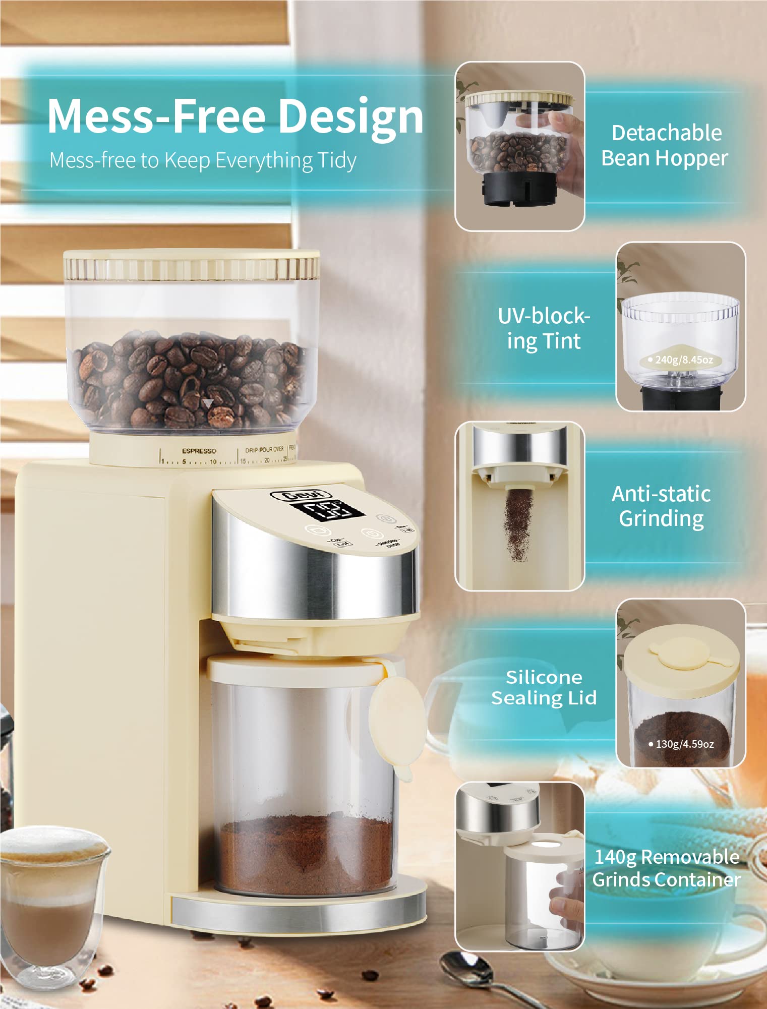 Gevi 20 Bar Compact Professional Espresso Coffee Machine with Milk Frother for Espresso, Latte and Cappuccino Burr Coffee Grinder with 35 Precise Grind Settings, Beige, I406B-W