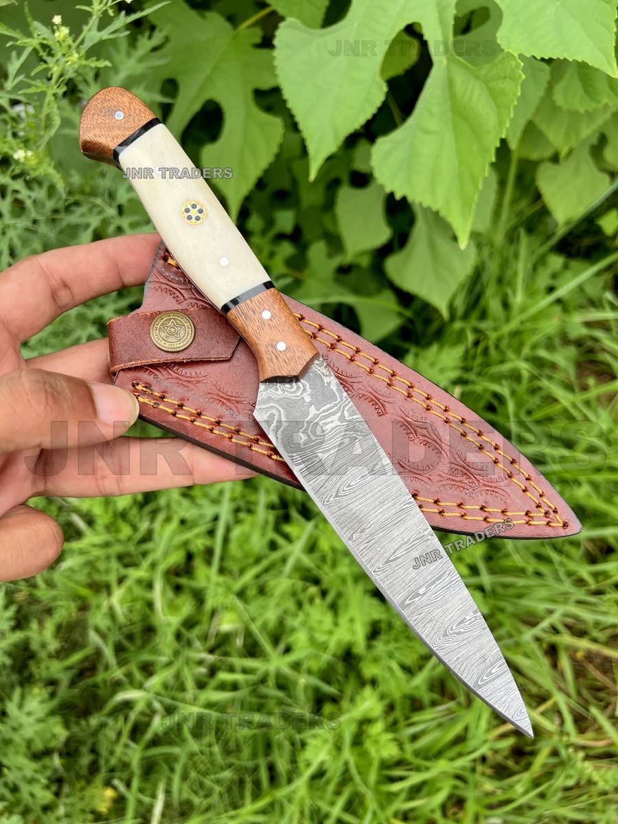 JNR Traders Damascus Paring Knife, Steak Knife, 6 in Chef Knife with Leather Sheath, Full Tang Thin Ultra-Sharp Bbq Knife 3702