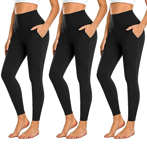 NEW YOUNG 3 Pack Leggings with Pockets for Women,High Waisted Tummy Control Workout Yoga Pants Black