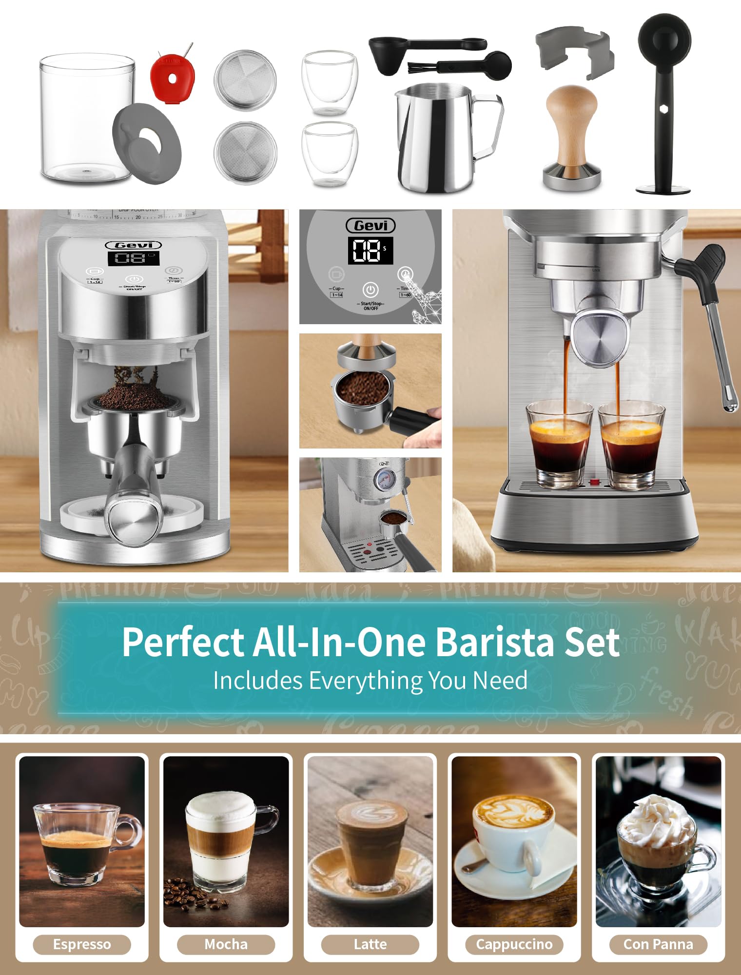 Gevi Espresso Machine & Coffee Maker - 20Bar Semi Automatic Espresso Machine With Grinder & Steam Wand – All in One Espresso Maker & Latte Machine for Home Dual Heating System…