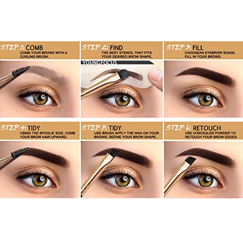Youngfocus Eye Makeup Brow Contour Kit, 6 Waterproof Eyebrow Powders Palette Set, 5 Eyebrow Stencils,14 Highly Pigmented Eyeshadows, 3 Highlighter Contour Powders, Spoolie/Brush Duo, Eye Brow Wax - Best Gift
