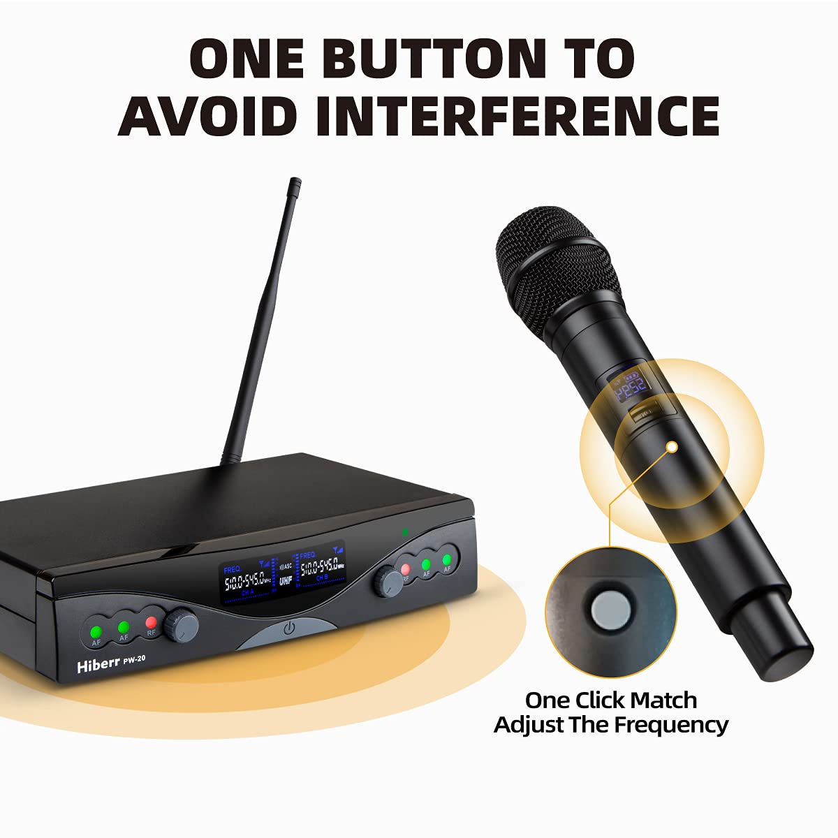 Hiberr Wireless Microphone System, Cardioid Dynamic Vocal Microphone, 240FT, UHF 512 – 542 MHz, 2 * 60 Selectable Frequencies, one-Key Switching Frequency, 15 – 17 Hours(PW-20)
