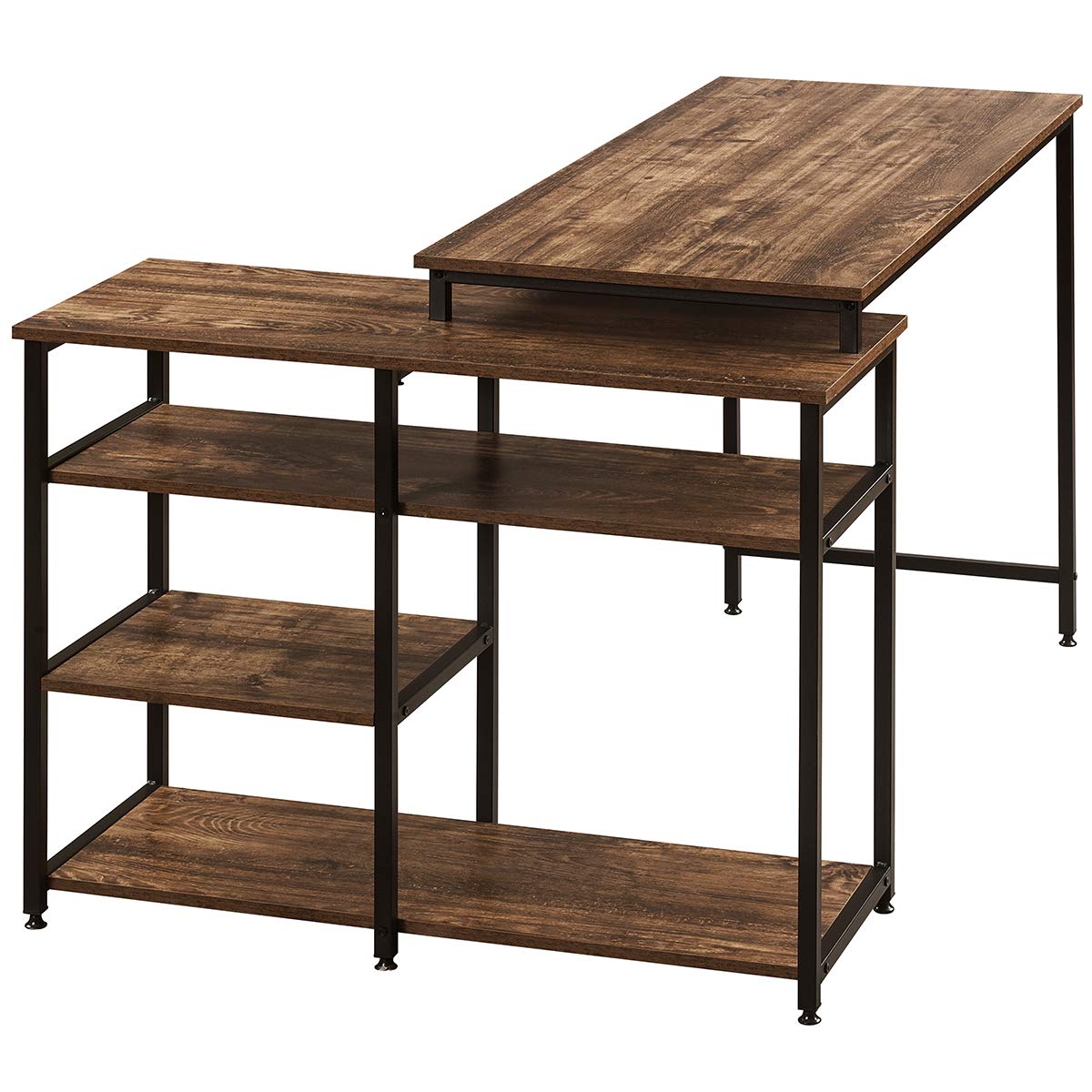 Henf L-Shaped Computer Desk, Industrial Rustic Wood and Metal Office Desk Writing Table with Storage Shelves, Left or Right Set Up Corner Desk Study Table for Home Office, Brown