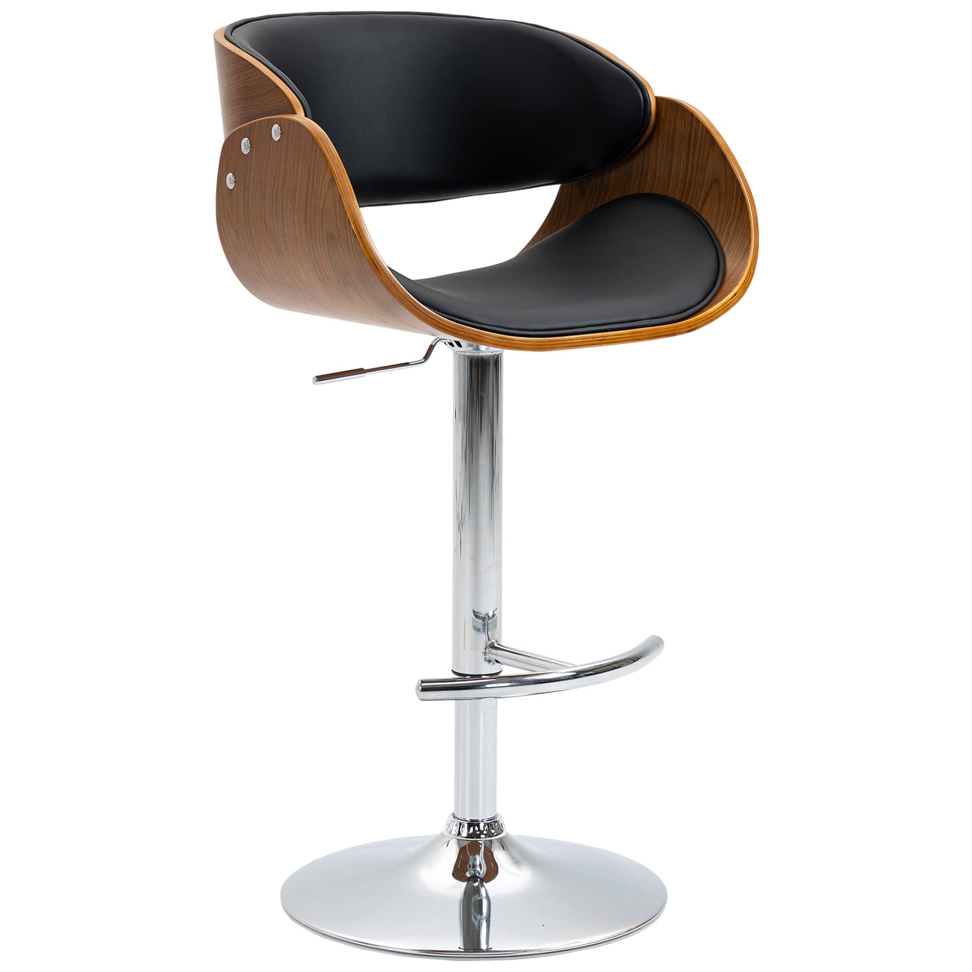 HOMCOM Modern Adjustable Bar Stool, Bentwood Bar Chair, PU Leather Swivel Barstool with Back, Footrest, Black and Walnut