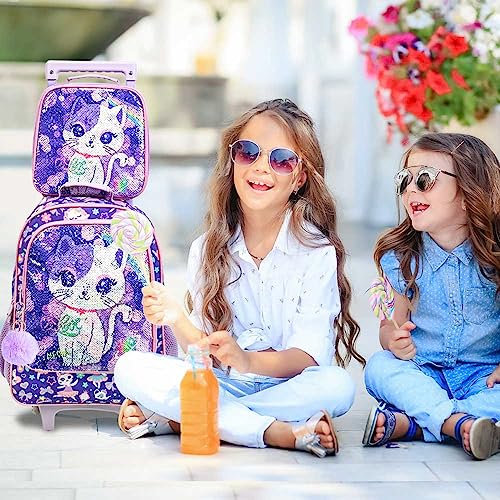 UFNDC 4PCS Rolling Backpack for Girls, Kids Cat Sequin Wheeled Bookbag ,Travel Roller School Bag with Wheels