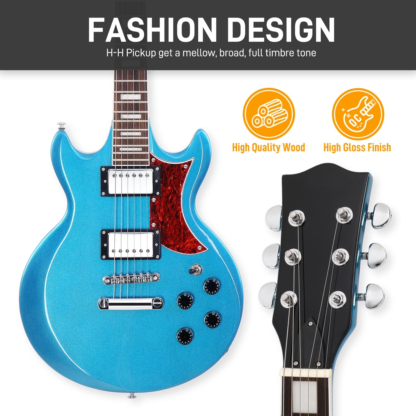 Ktaxon 39" Solid-Body Electric Guitar, 6 String Full Size GIZ102 H-H Pickups Jazz Electric Guitars Kit for Beginner Starter with Gig Bag, Cable, Shoulder Strap, Plectrum (Blue)