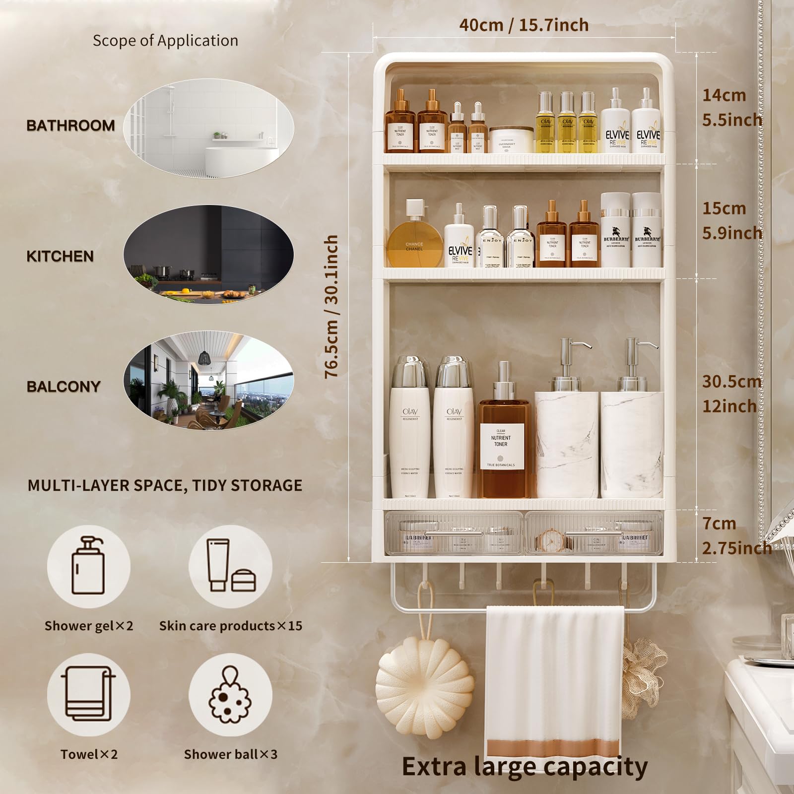 TEABAN Shower Caddy Shelves for Wall: No Drilling 3-Layer Shower Organizer Shower Storage - Large Adhesive Shower Rack