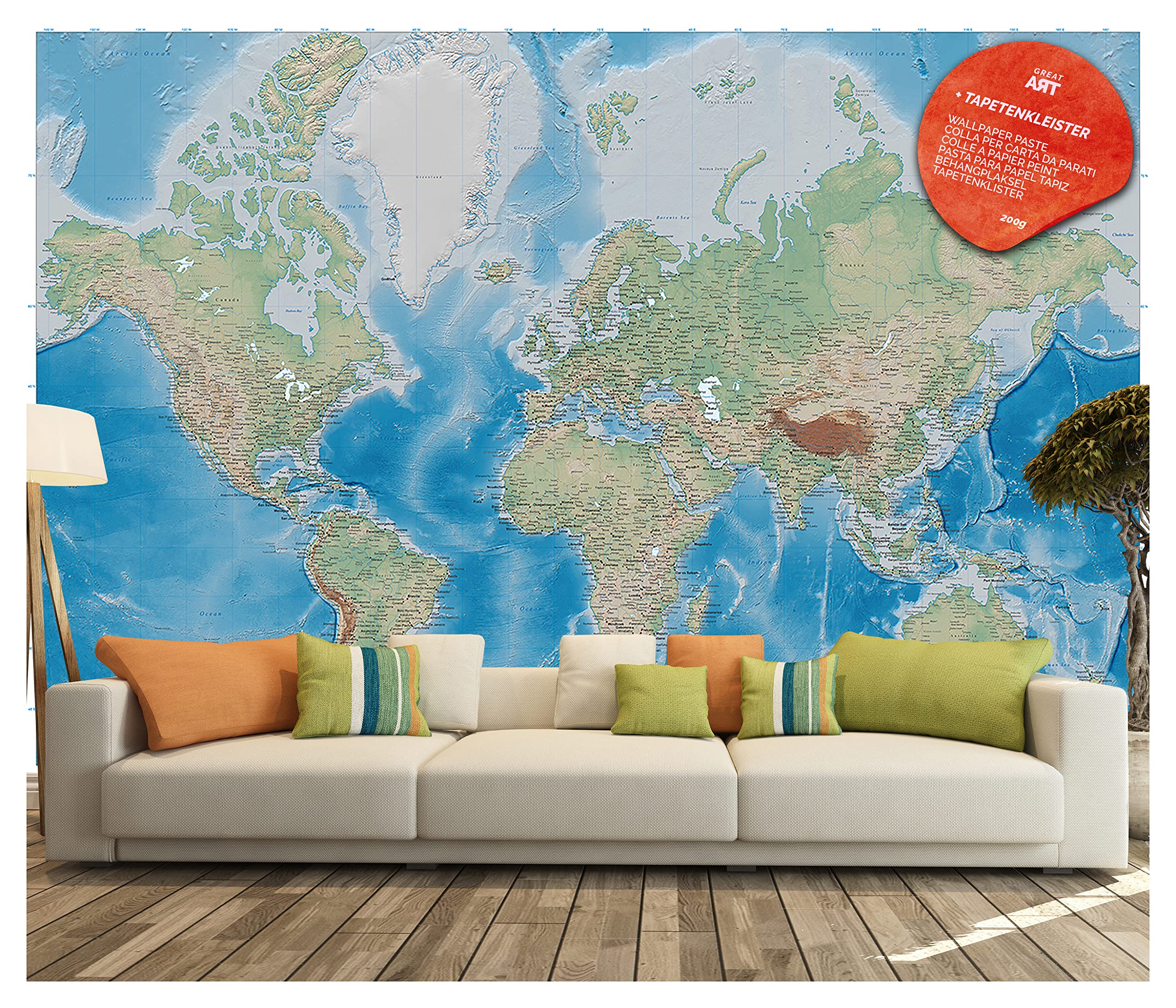 GREAT ART Photo Wallpaper World Map Decoration 132.3x93.7in / 336x238cm โ Miller Projection Relief Continent English City Names Modern Mural โ 8 Pieces Includes Paste