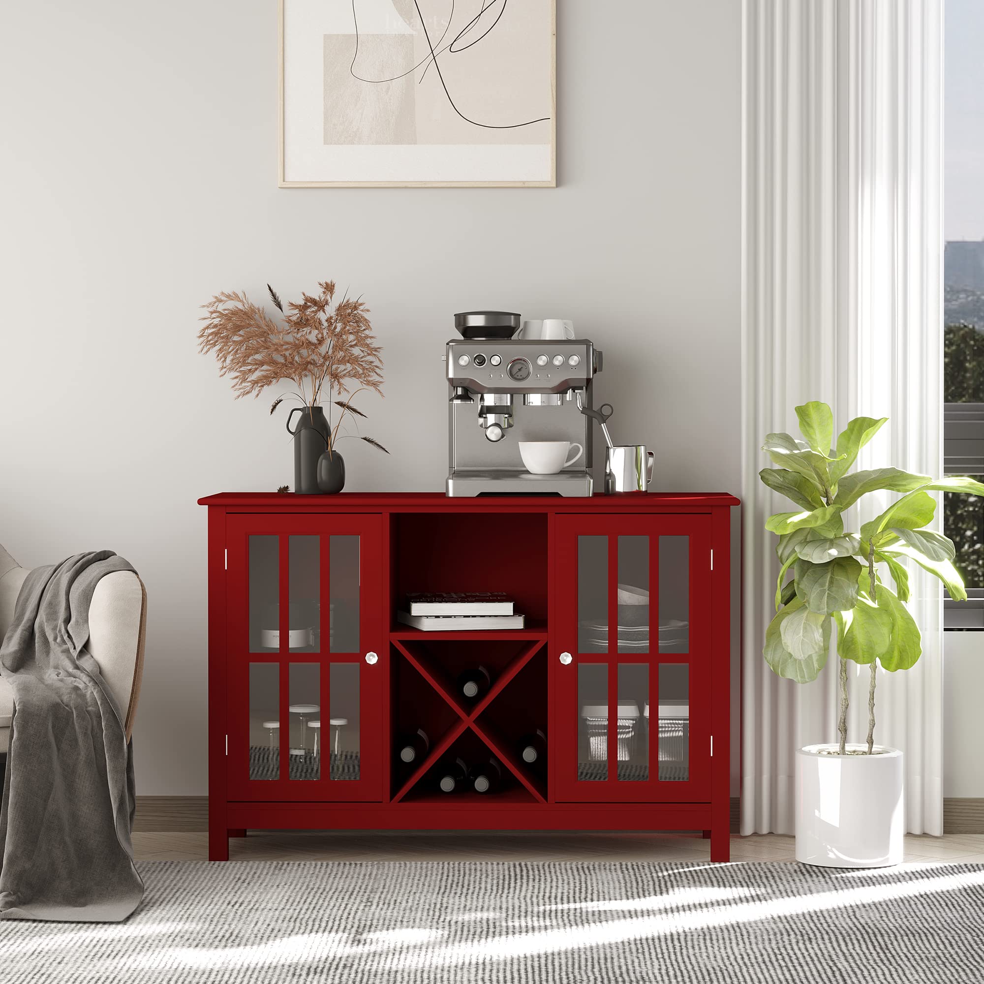 HOMCOM Sideboard, Glass Door Serving Buffet Cabinet, Liquor Cabinet with Adjustable Shelves, 12 Bottle Wine Rack for Living Room, Kitchen, Red