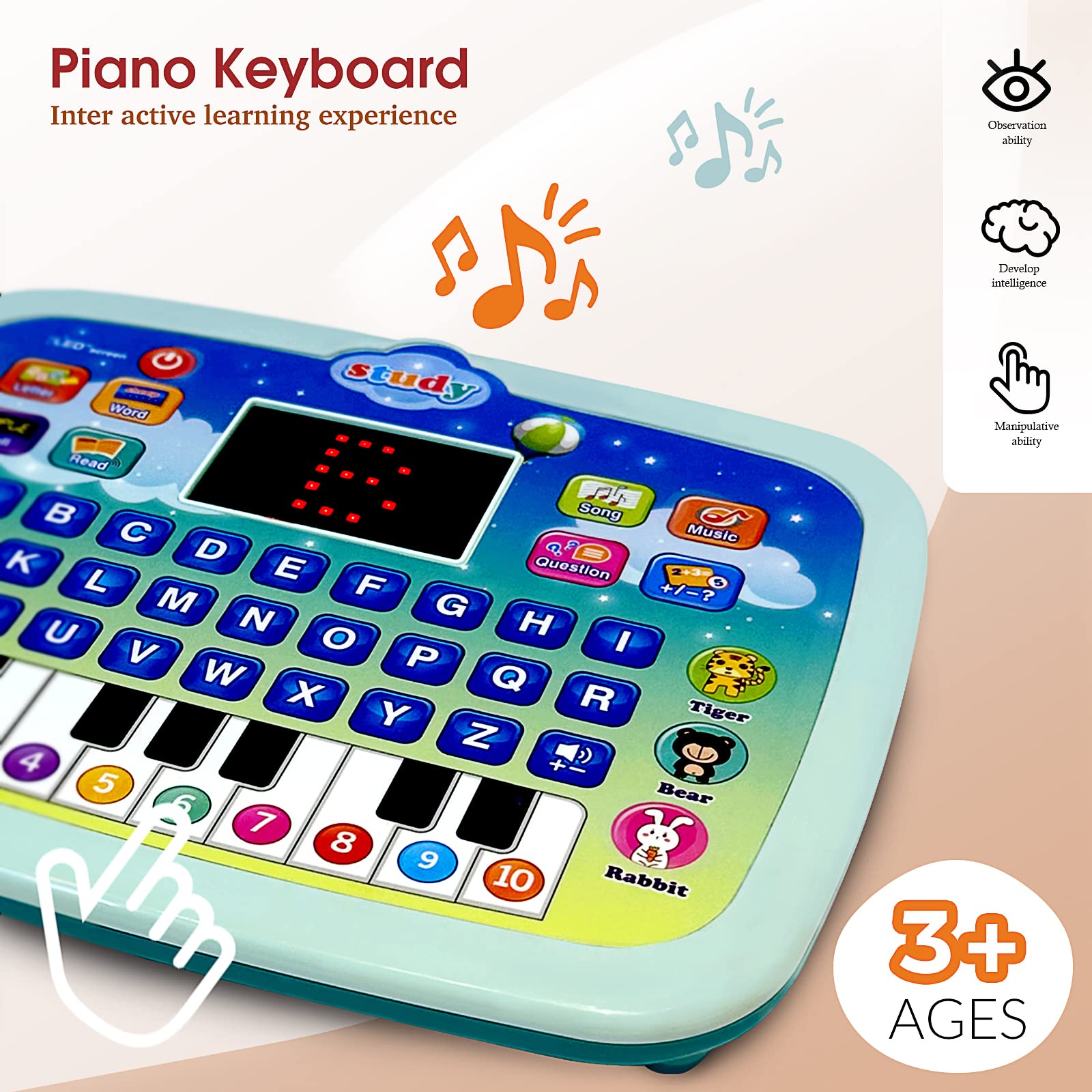 Kid Tablet Toddler Learning Pad Interactive Toy with Screen -Educational Toys Fun Gifts -Music/Piano/ABC/Numbers/Words/Spell/Animals - for Boys&Girls 3+ (Blue)……