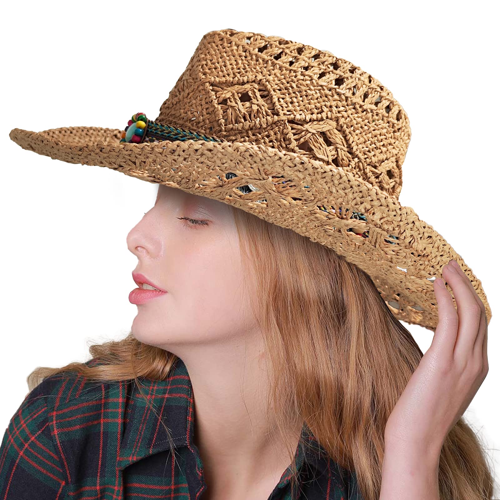 LLYONE Straw Cowboy Hat for Women Wide-Brimmed Western Cowboy Cowgirl Multi-Functional Sun Hat for Summer