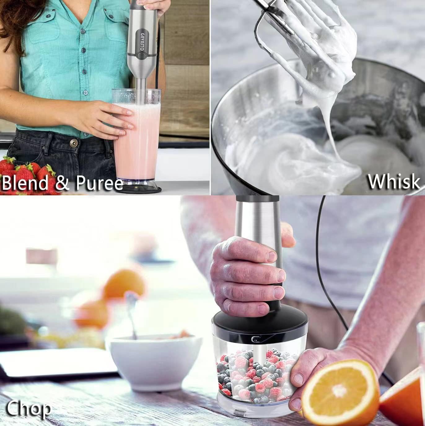 Gavasto Immersion Blender 800 Watts Scratch Resistant Hand Blender,15 Speed and Turbo Mode Hand Mixer, 3-in-1 Heavy Duty Copper Motor Stainless Steel Smart Stick with Egg Beaters and Chopper