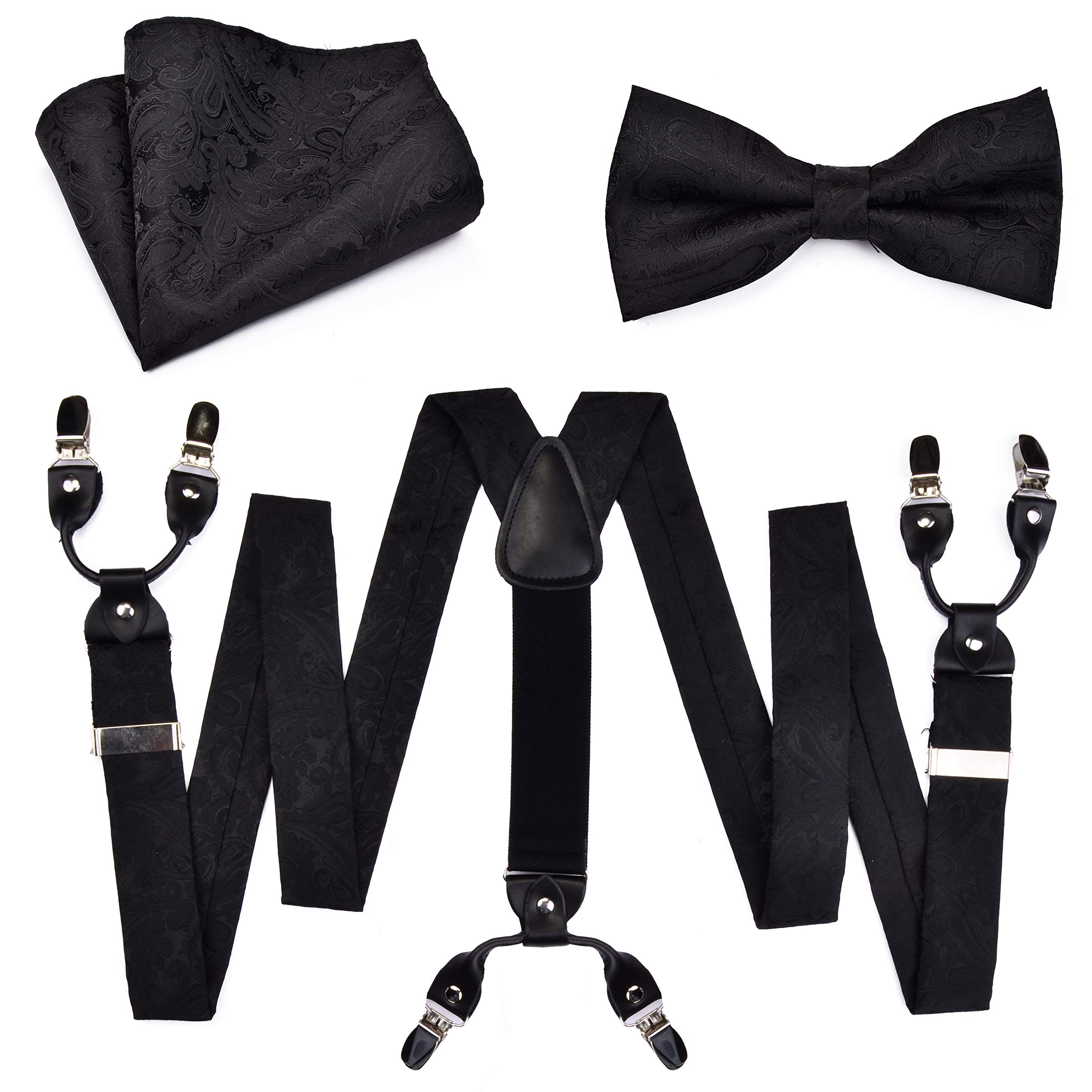 GUSLESON Suspender and Bow Tie Pocket Square Set for Men Adjustable Paisley Pre-tied Burgundy Bow Tie (0101-18)