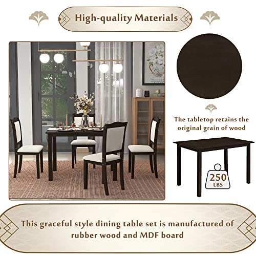 GLORHOME 5-Piece Mid-Century Wood Dining Table Set with 4 Upholstered Chairs for Family Kitchen Small Places, Espresso+White