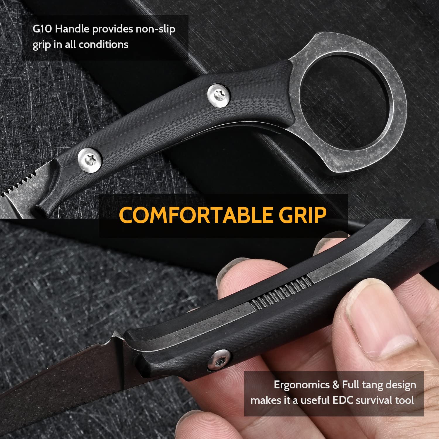 ITOKEY 6.34'' Tactical Knife, Cool Belt Knife, EDC Fixed Knife with Kydex sheath, D2 Blade, G10 Handle, Full Tang Knives for Men, Survival Knifes for Outdoor Camping Hunting