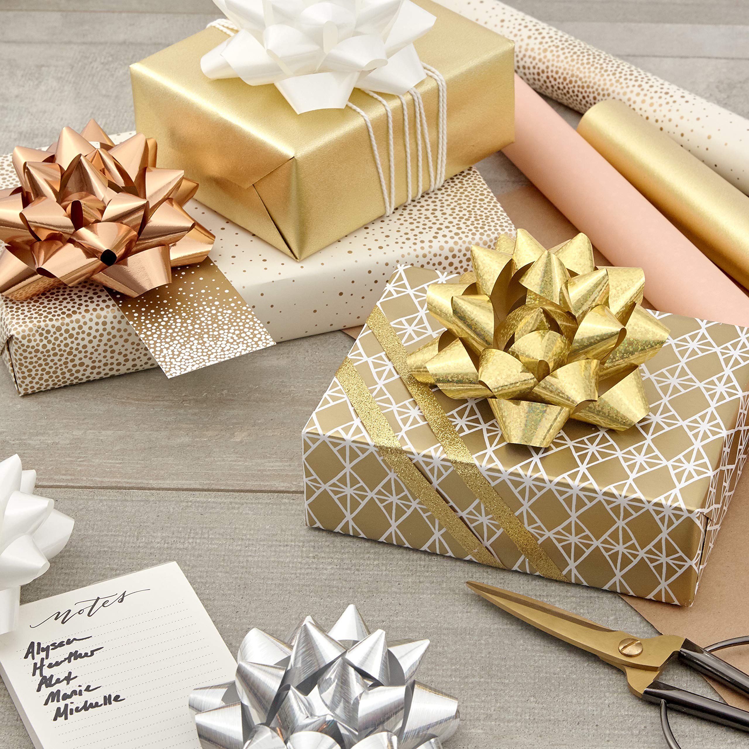 Hallmark Holiday Gift Bow Assortment (12) Gold, Silver, Bronze, White & Foil Christmas Wrapping Paper with Cut Lines on Reverse (3 Rolls: 60 Sq. Ft. Ttl) Rose Gold, Silver Trees, Gold Snowflakes