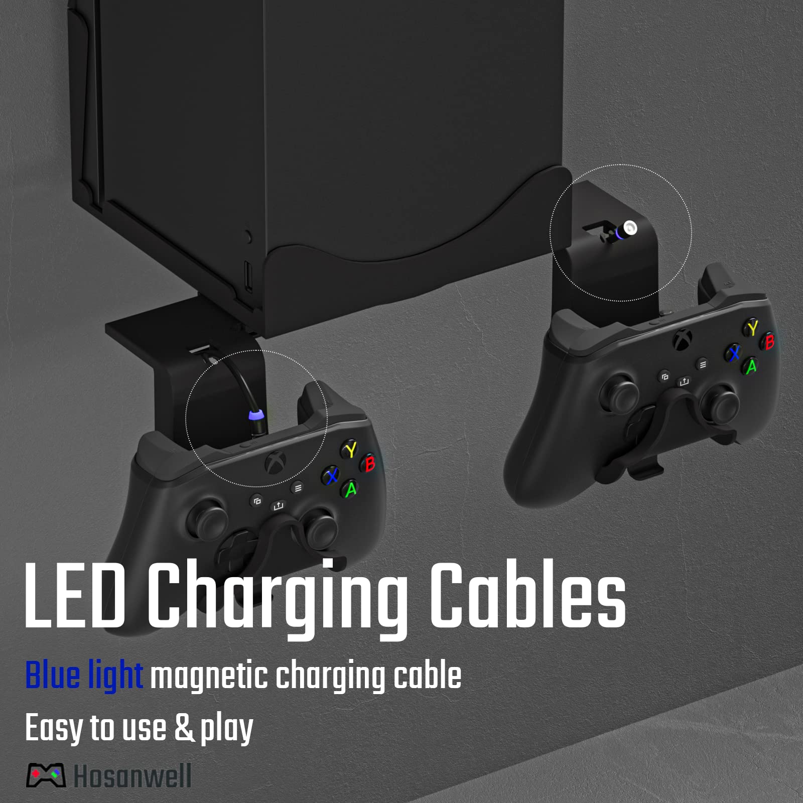 Hosanwell Xbox Series X Wall Mount, 4 in 1 Xbox Series X Wall Mount Kit, with Detachable Controller Holder & Headphone Hanger Heat Dissipation, with Non-Slip Mat Easy Installation(Black)