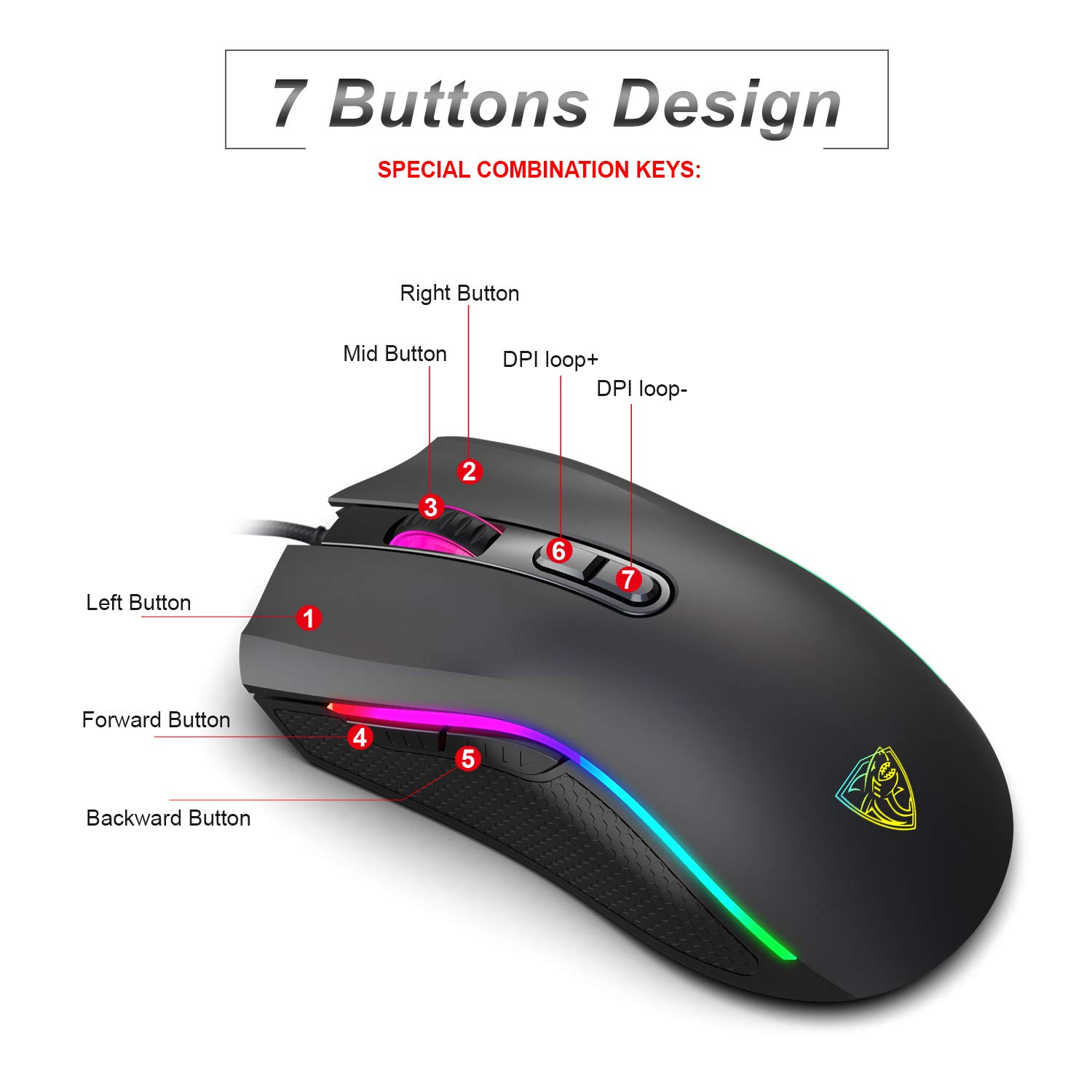 GTRACING Gaming Mouse 7200 DPI 7 Programmable RGB Wired Ergonomic Game USB Computer Mice RGB Gamer Desktop Laptop Pc Gaming Mouse, Breathing Light 7 Buttons for Windows 7/8/10/XP Vista, Black