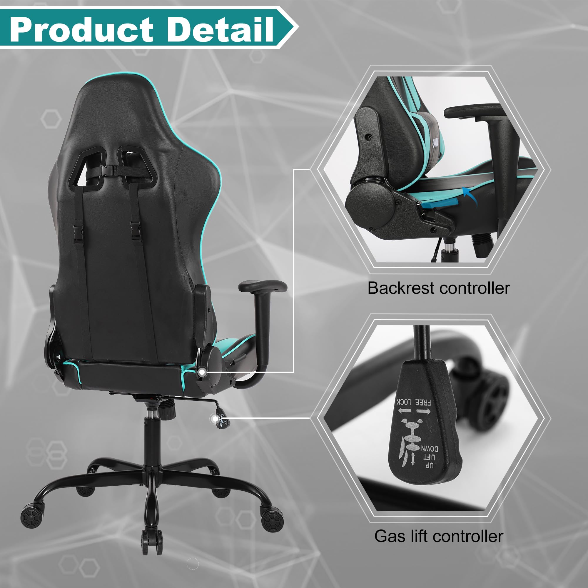 GOTMINSI Video Gaming Chair with Headrest and Lumbar Cushion Adjustable Desk Chair for Office and Study Room Computer Racing Chair with Ergonomic High Backrest (BK/Mint)