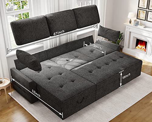 VanAcc Pull Out Sofa Bed, Modern Tufted Convertible Sleeper Sofa, Chenille Sleeper Sectional Couch Bed with Storage Chaise, L Shaped Sofa Couch for Living Room (Dark Grey)