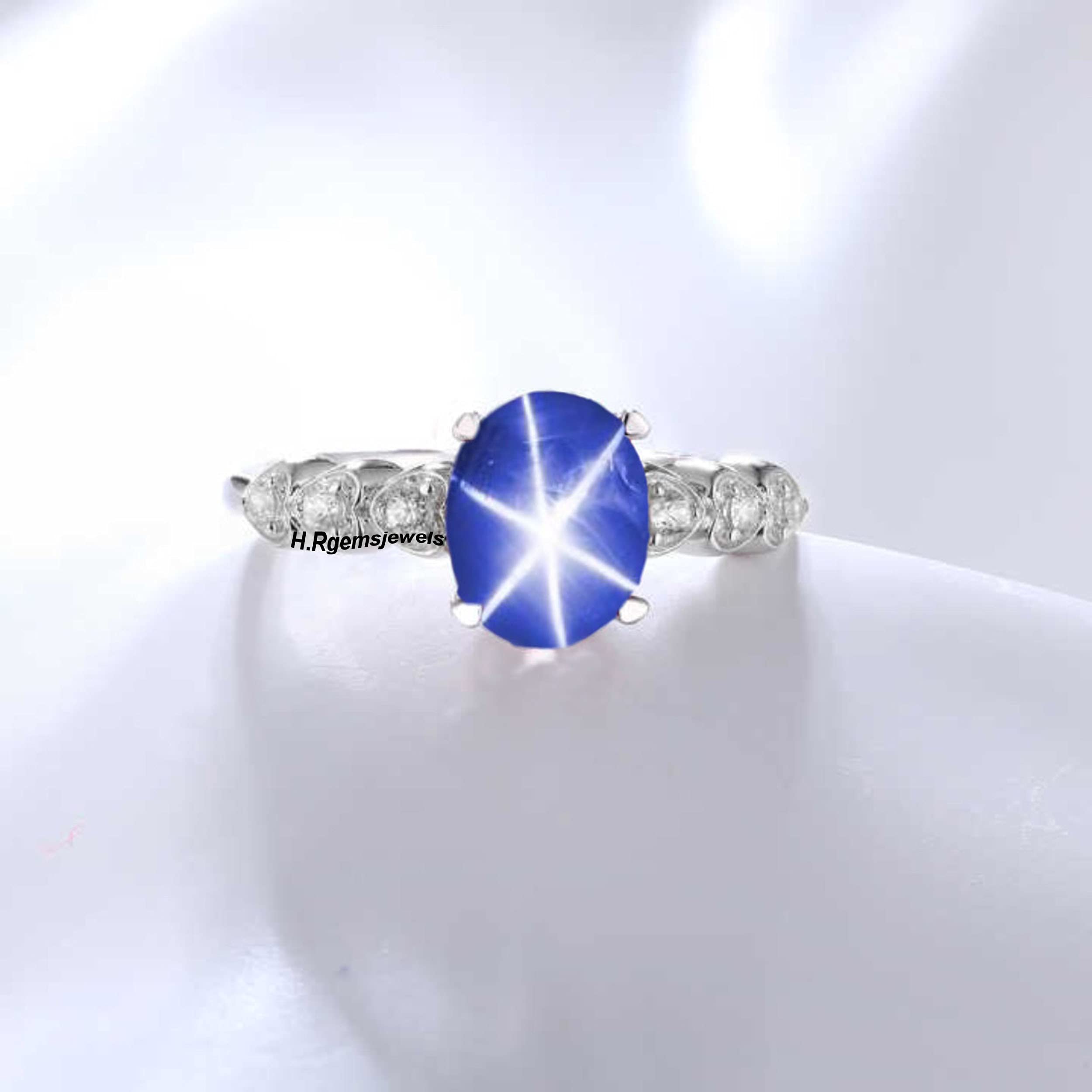 HRG Lindy Star Sapphire Ring 925 Sterling Silver Ring Lab Created Lindy Star Ring Blue Star Sapphire Ring Wedding Ring Women Ring (Sterling Silver, 8.5)