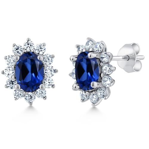 Gem Stone King 925 Sterling Silver Oval 7X5MM Gemstone Birthstone Stud Earrings Princess Diana Royal Halo Style For Women Anniversary Wedding Birthday