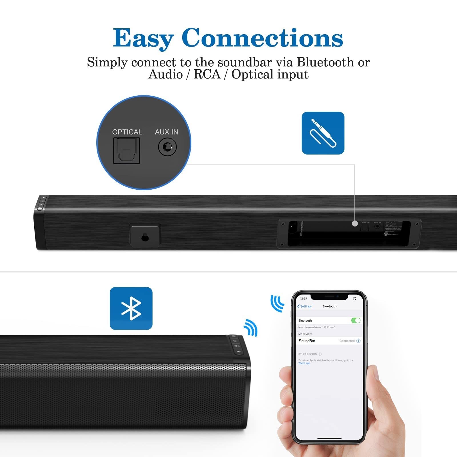 Hsoipn TV Soundbar, Wired & Wireless Bluetooth 5.0 Stereo Sound bar for TV, Three Equalizer Mode Audio Speaker for TV, Optical/Aux/RCA Connection, Wall Mountable, Remote Control