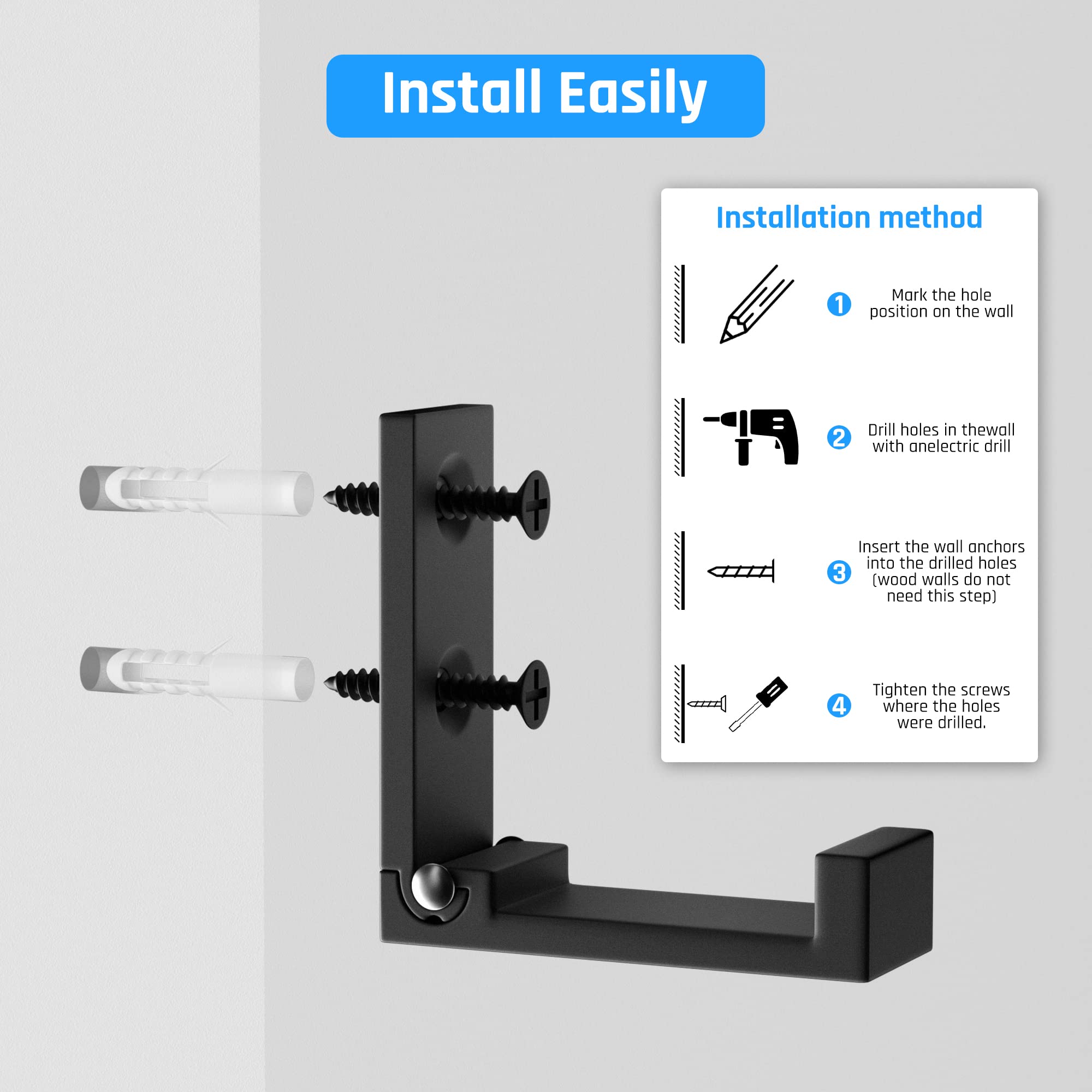 GLDRAM VR Wall Mount for Oculus Quest 2, Folding VR Headset Wall Hooks for Meta Quest 2, VR Stand Hanger Accessories Bundles with Screws, Black Stand Bracket Storage Clothes and Cooker - 3 PCS