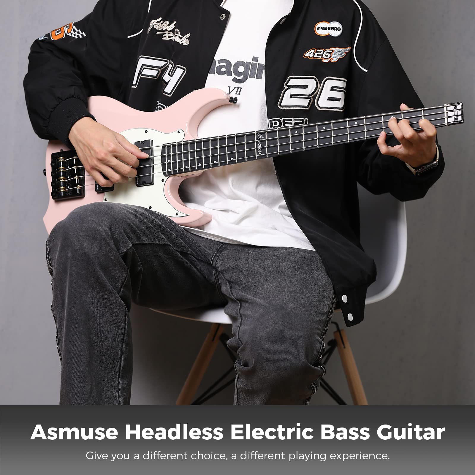 Headless Electric Bass Guitar, Solid Body 4-String Electronic Guitar Bass, SS Pickup, Portable Travel Electric Bass Kit for Beginner