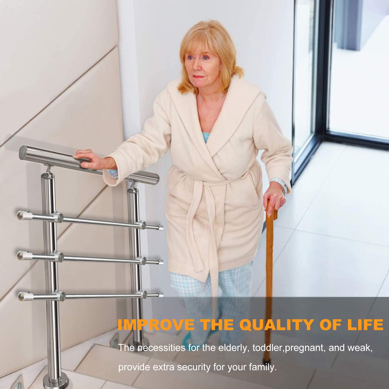 Hanone 304 Stainless Steel Handrail for Deck Stairs Indoor Outdoor Metal Balustrade Hand Railing, Round Pipe Tube Brushed Rail Bars Adjustable Angle Fits 1 to 3 Steps - Complete Kit (Silver) 3.28ft