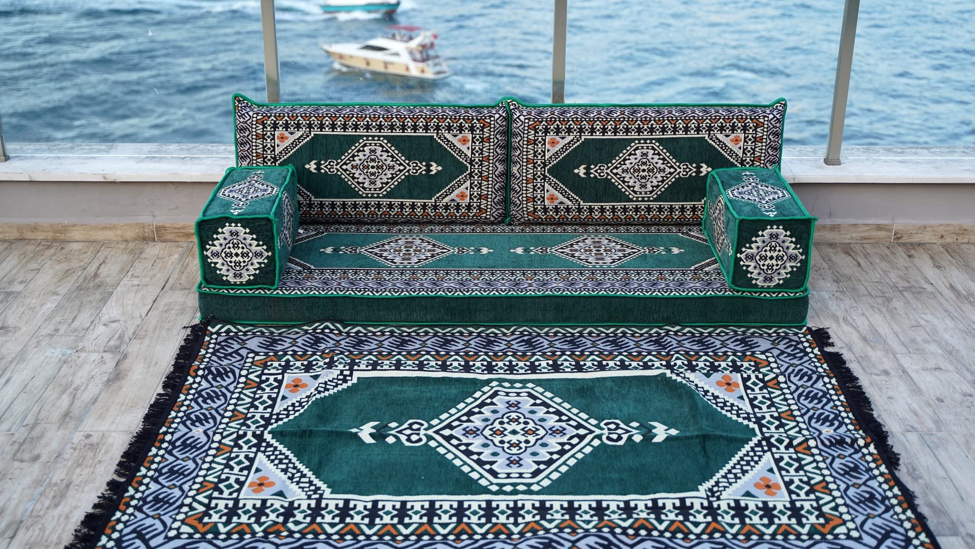 Green Floor Couch Set, Sectional Sofas, Arabic Floor Sofa Set, Yoga Meditation Mat, Futon Sofa Bed, Sofa Covers (Sofa + Rug, 4'' Thickness (10 cm))