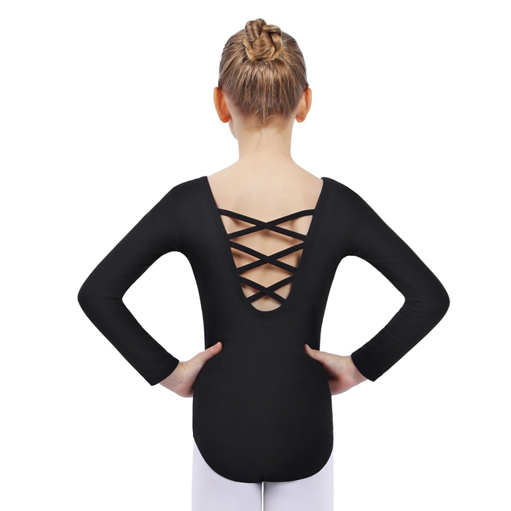 HiDance Ballet Leotards, Girls' Classic Long Sleeve Leotards, Crisscross Straps Back Dance Tops Black 110
