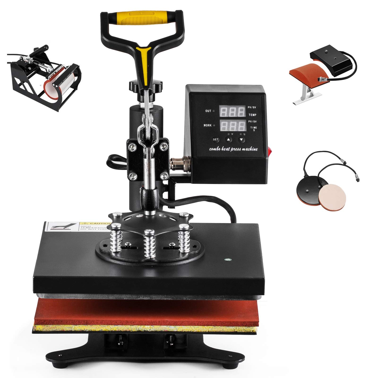 Hihone 5 in 1 Heat Press Machine, 12 x 10 inches Digital Sublimation 360 Degree Swivel Professional Heat Transfer for T-Shirt, Hat, Bag and Mug