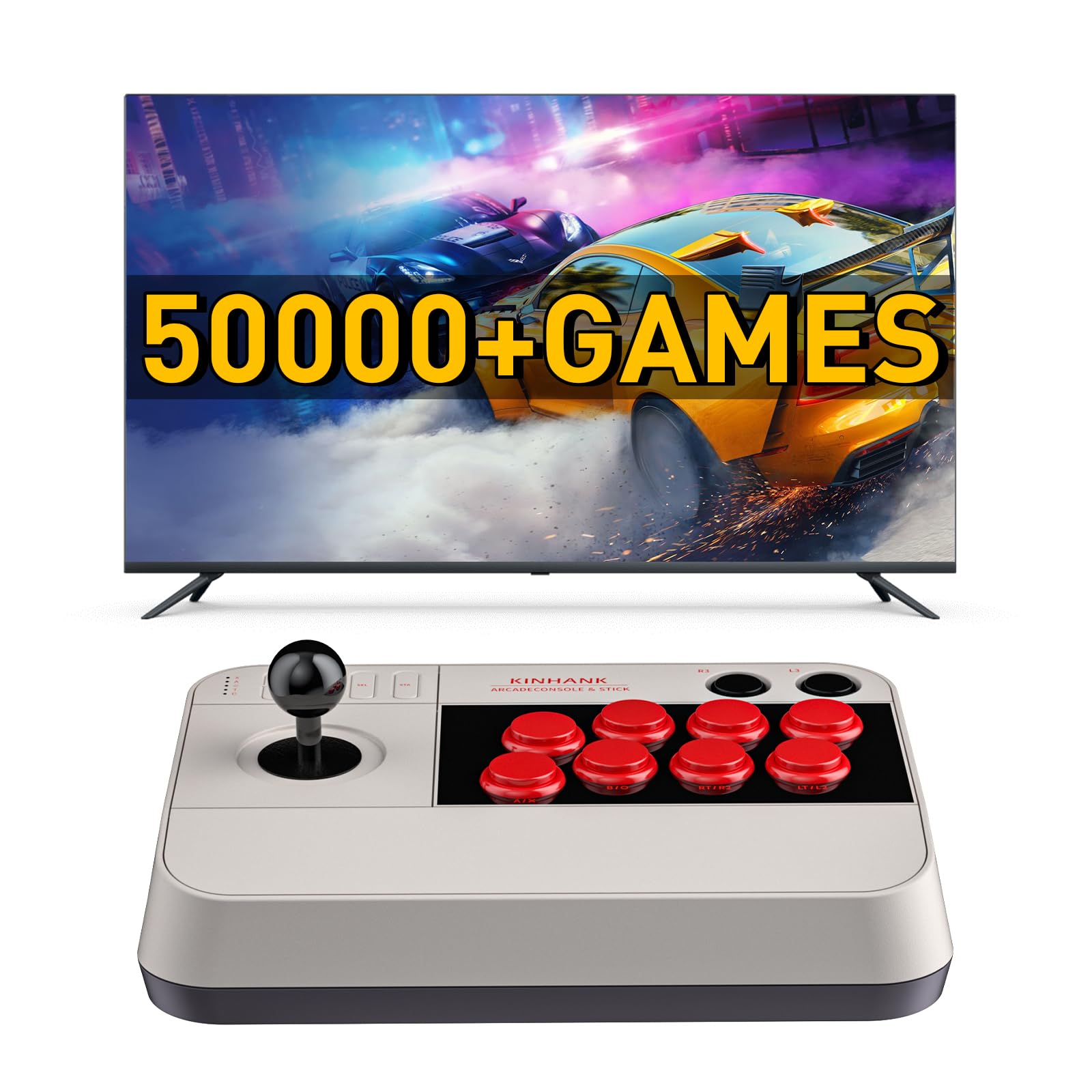 Kinhank Super Console Arcade Game Console & Stick, 50000+ Classic Arcade Games Pre-installed in 256G TF Card(Included),Compatible with PC host/Android phone etc, 4K HD-out,USB2.0,Grey