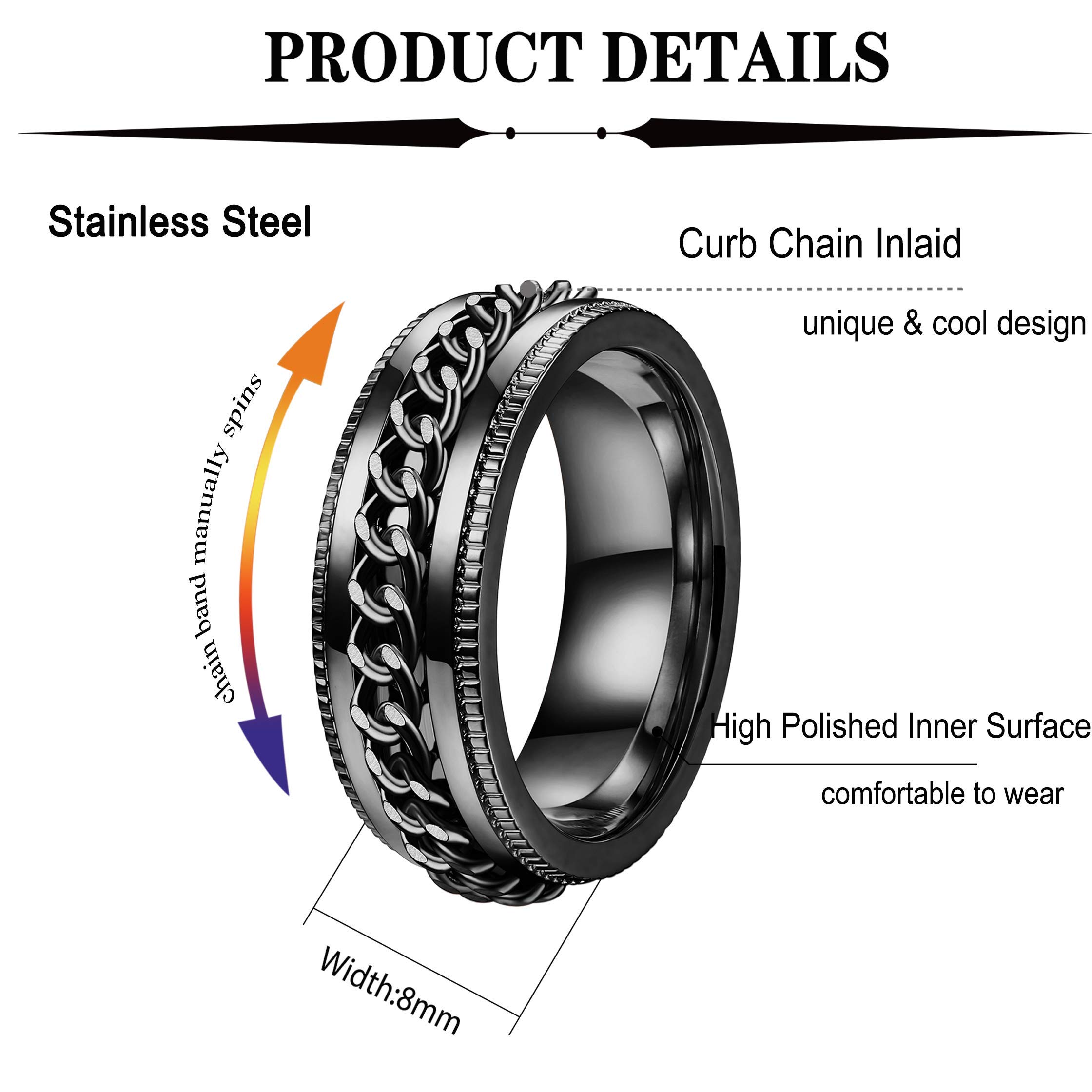 Jstyle 3Pcs Stainless Steel Fidget Rings Set Black Cool Chain Spinner Band Ring for Mens Women Wedding Promise Ring Stress Relieving Size 7-13