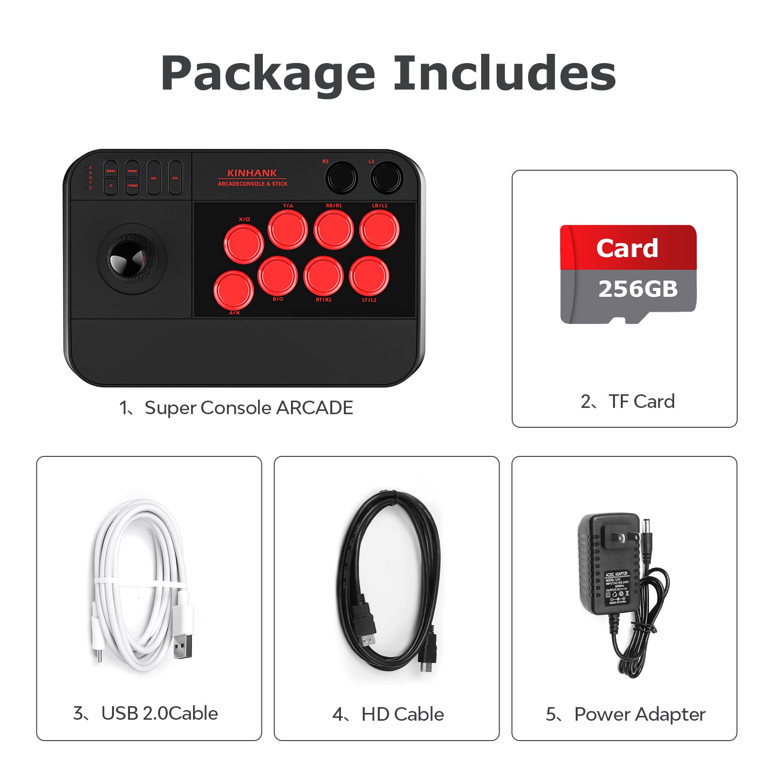 Kinhank Super Console Arcade Game Console & Stick, 50000+ Classic Arcade Games Pre-Installed in 256G TF Card(Included), S905X3 Chip, Compatible with PC Host/Android Phone etc, HD-Out,Black (256G)