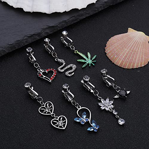 Jstyle 7Pcs Clip on Belly Button Rings Fake Belly Ring for Women CZ Dangle Belly Button Rings Snake Heart Non Piercing Jewelry
