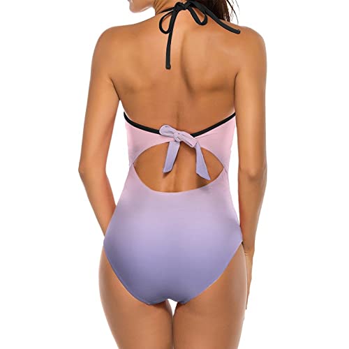 lnmuld Women Casual 1 Pieces Control V Neck High Waisted Bathing Suit Wrap Tie Back Monokini Sexy Hollow Out Swimsuits Bathing Pink