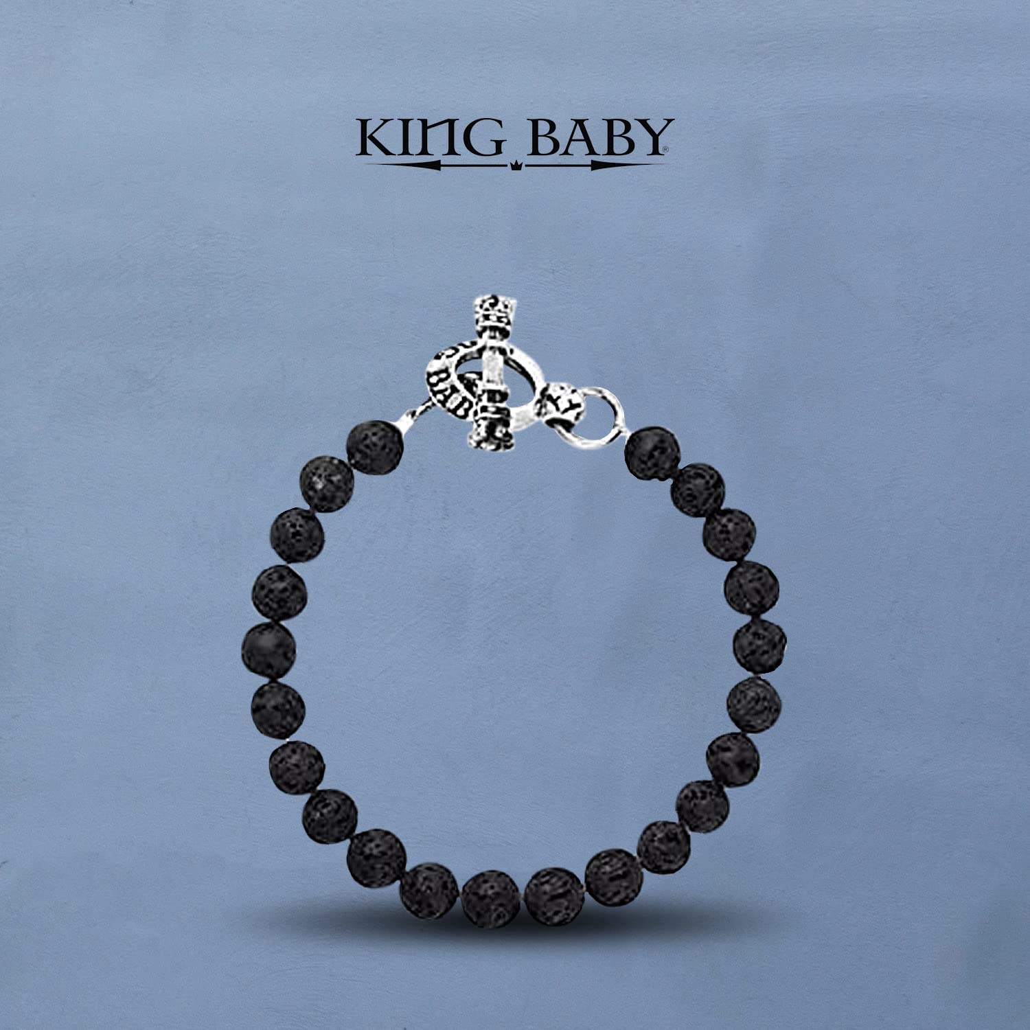 King Baby .925 Sterling Silver & Natural Stone 8mm Unisex Beaded Bracelet with Signature Crown Toggle Clasp - Black Lava Rock, 7-1/2"