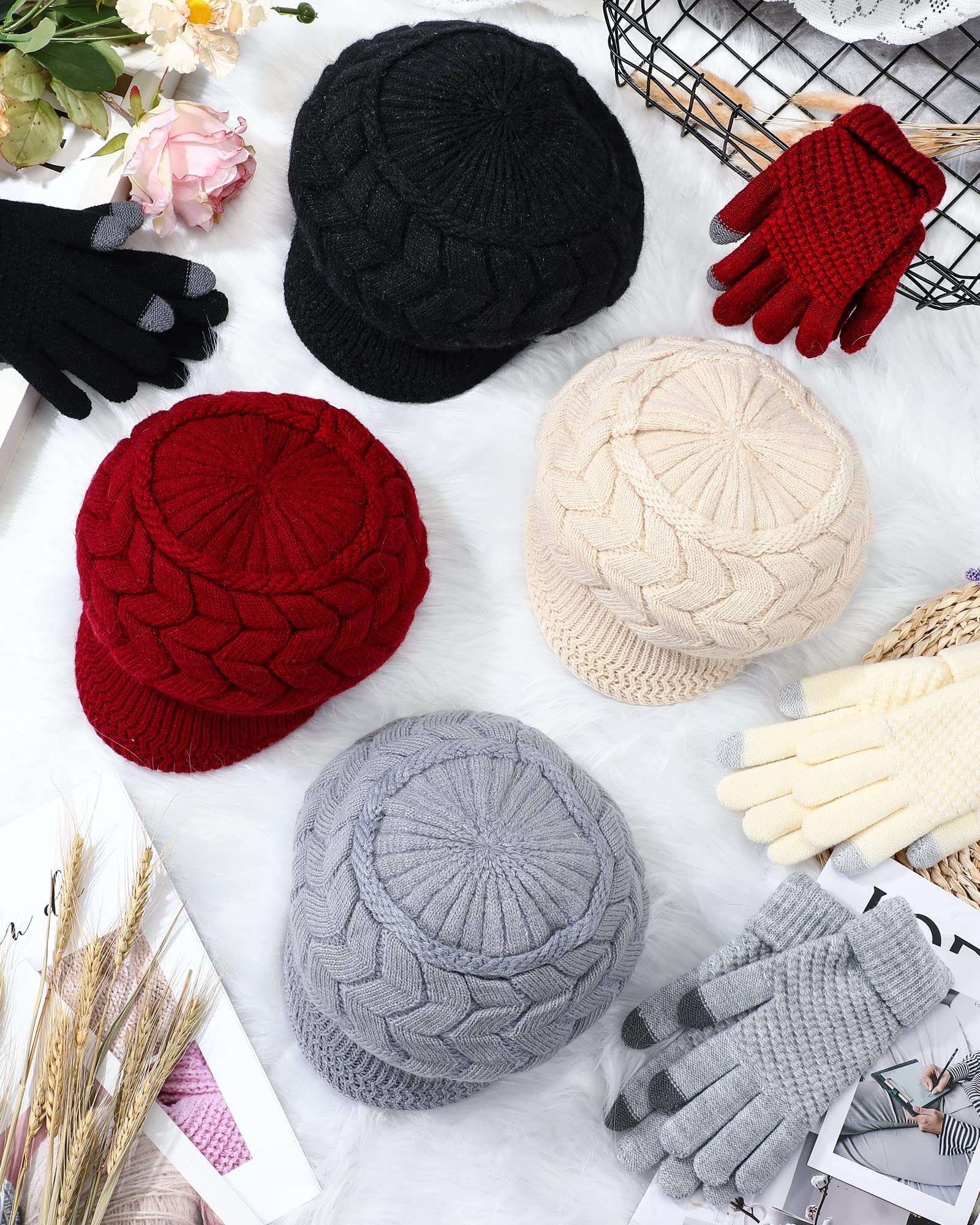 Newcotte 8 Pcs Women Hats Gloves Winter Set, Warm Girls Cap Beanie Hat Knit with Visor Snow Ski Caps and Touch Screen Gloves