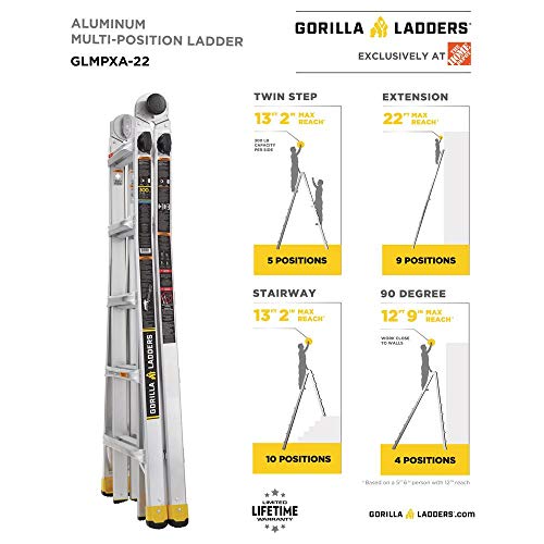 Gorilla Ladders GLMPXA-22 22 ft. Reach MPX Aluminum Multi-Position Ladder, 300 lbs. Load Capacity Type IA Duty Rating