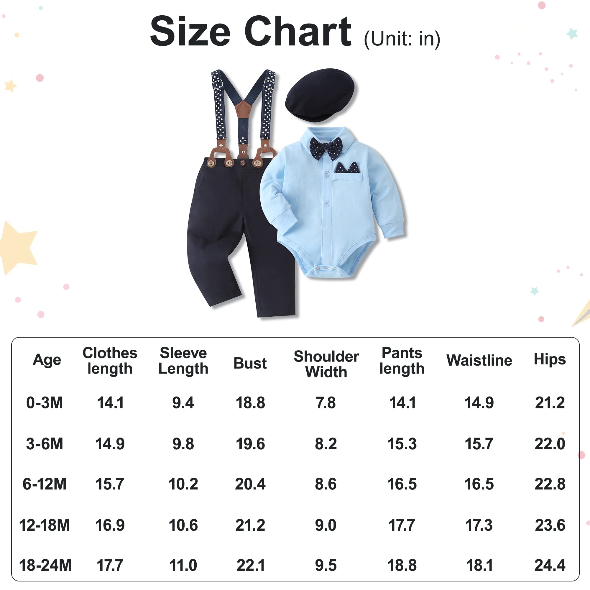YALLET Baby Boy Clothes Set Infant Tuxedo Long Sleeve Gentleman Suit Outfits + Beret Hat + Suspender Pants + Bowtie 0-18M