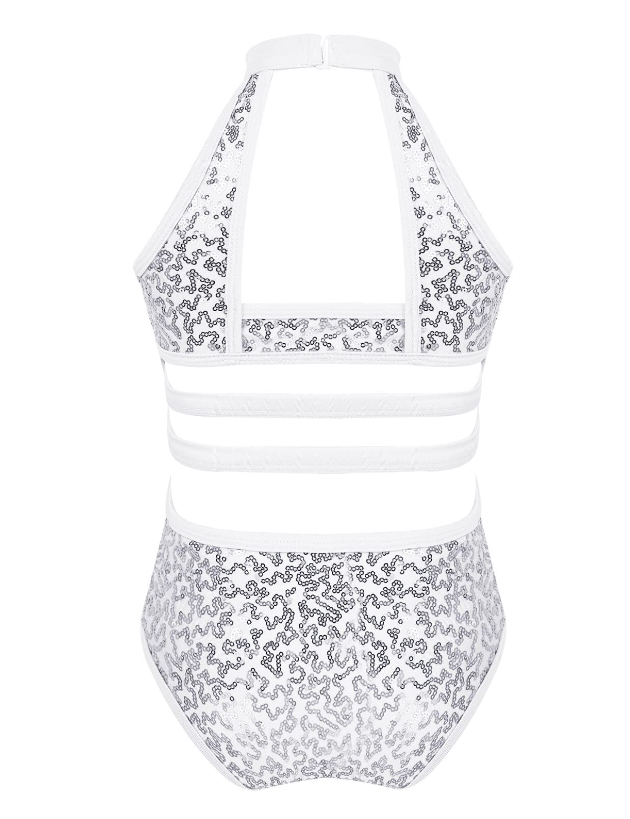Jowowha Girls Sparkly Sequins Cutout Back Gymnastic Leotards Halter Neck One-Piece Ballet Dance Unitard Top Bodysuit Jumpsuit White 10 Years