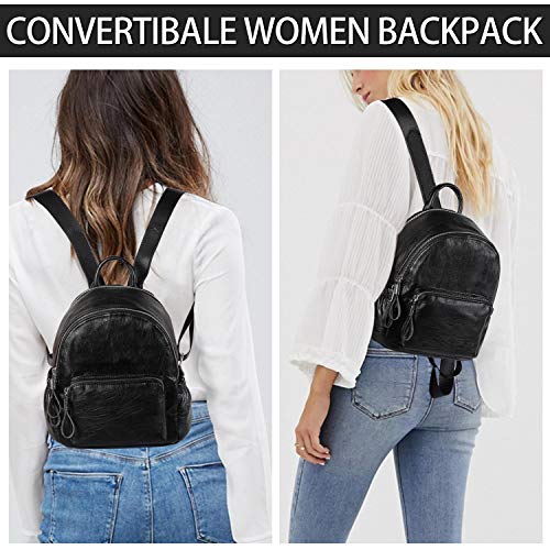 VASCHY Mini Backpack Purse, Cute Faux Leather Small Backpack Purse for Women with Double Compartment Black