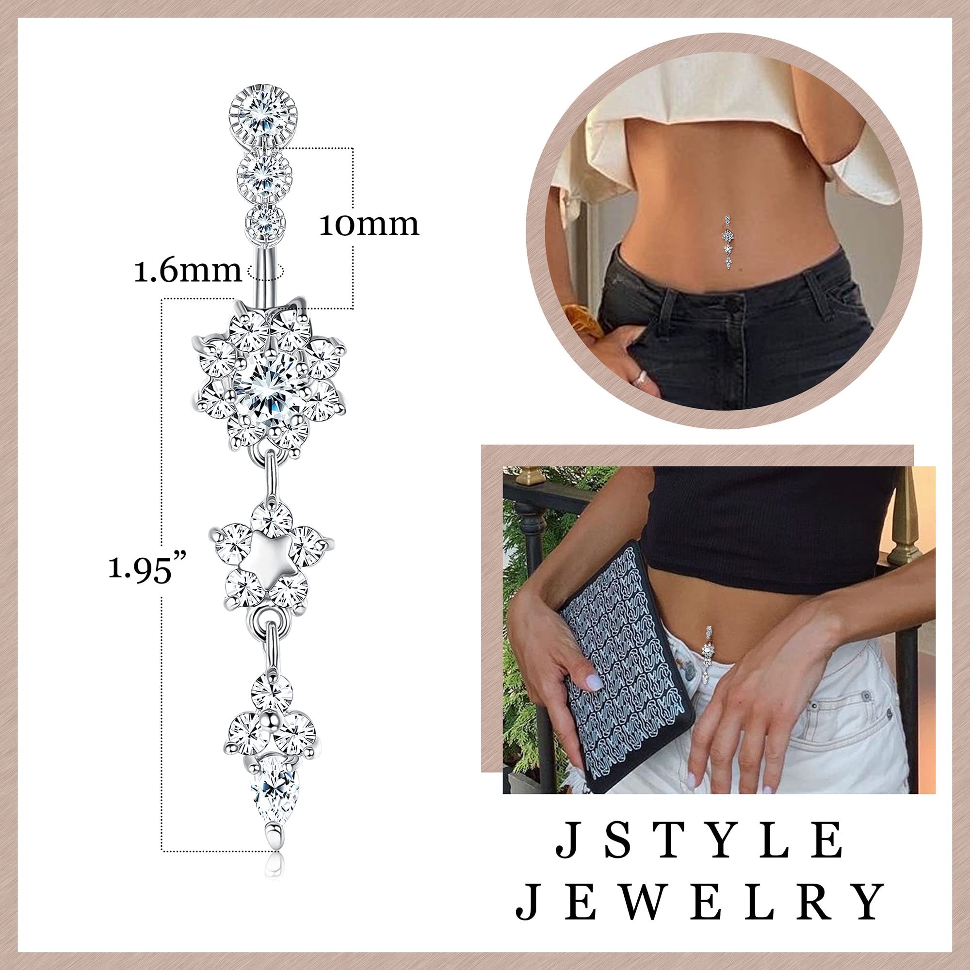 Jstyle Surgical Steel Belly Button Ring for Women Belly Piercing Dangling Cute Heart Butterfly Navel Rings Pack Silver