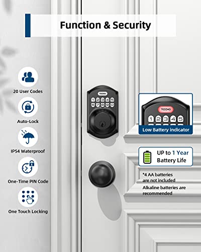 TEEHO TE001K Keyless Entry Door Lock with Handle - Electronic Keypad Deadbolt with Door Knob - Deadbolt Smart Lock for Front Door - Auto Lock - Easy Installation - Matte Black